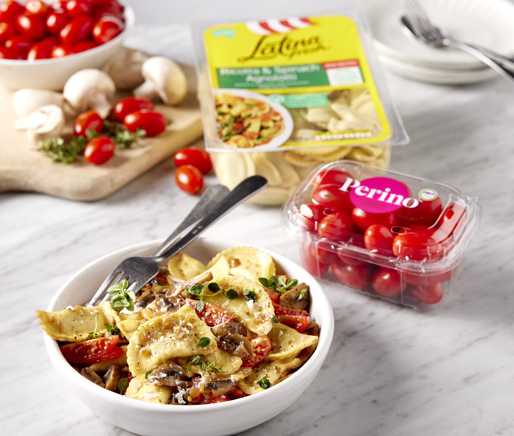 Latina™ Fresh Agnolotti, with Perino™ Tomatoes & Mushrooms | MushBoom